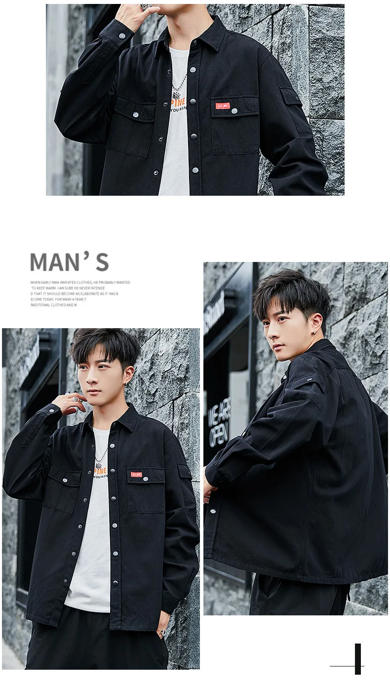 Винтажная Мужская рубашка, Новая мода, длинный рукав, сплошной цвет ...