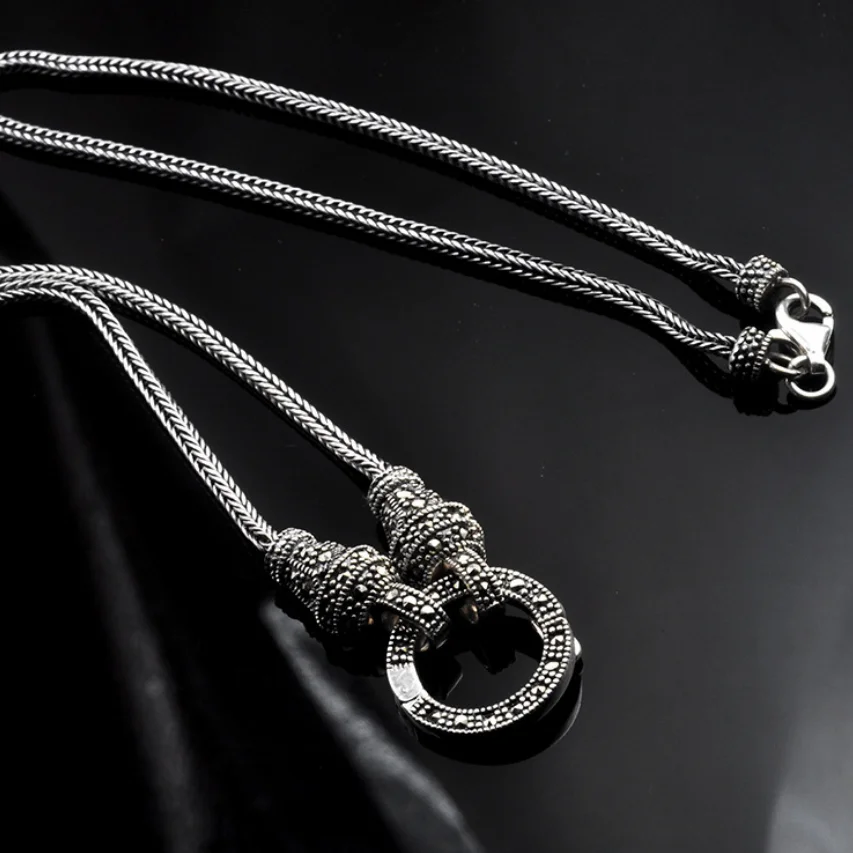 Real-Silver-Long-Chain-Retro-Necklace-Women-S925-Sterling-Silver ...