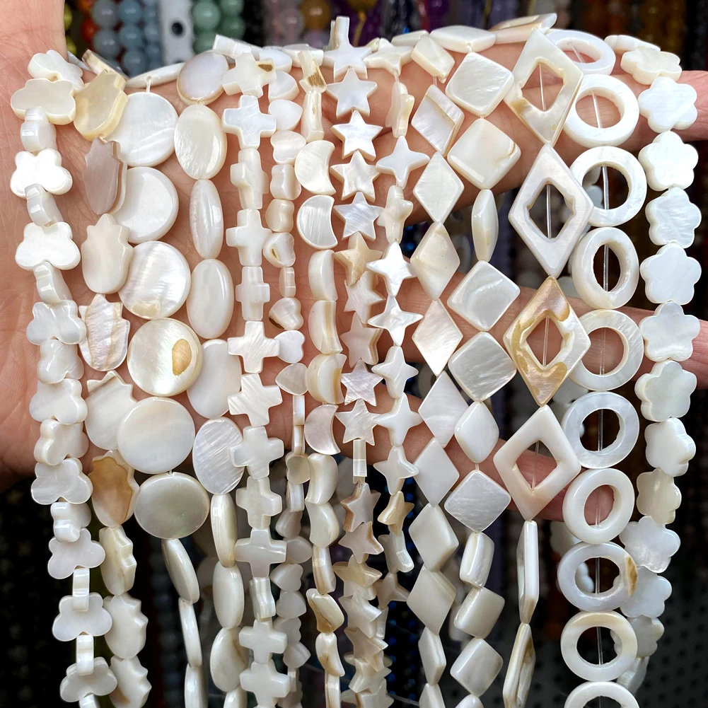 Natural White Shell Beads Mother Of Pearl Love Heart Cross Star Moon ...