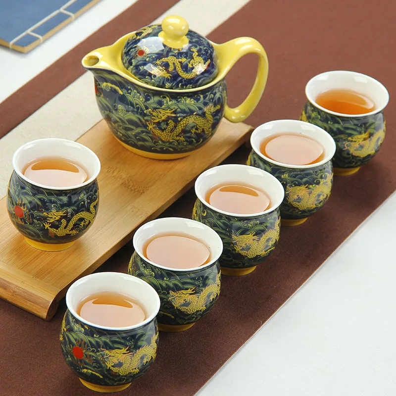 Chinese Ceramic Tea Set Kung Fu Porcelain Tea Cup Pot Set Dragon Teapot ...