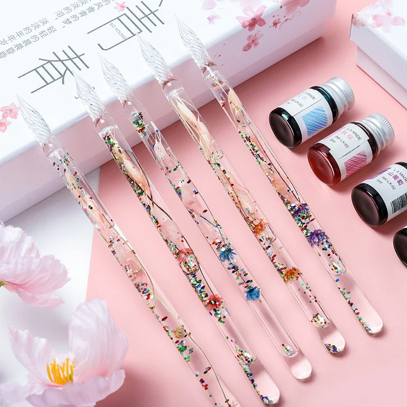 3-7Pcs-Glass-Pen-Set-New-Signature-Pencil-With-Ink-Dip-Pencil-Glass ...