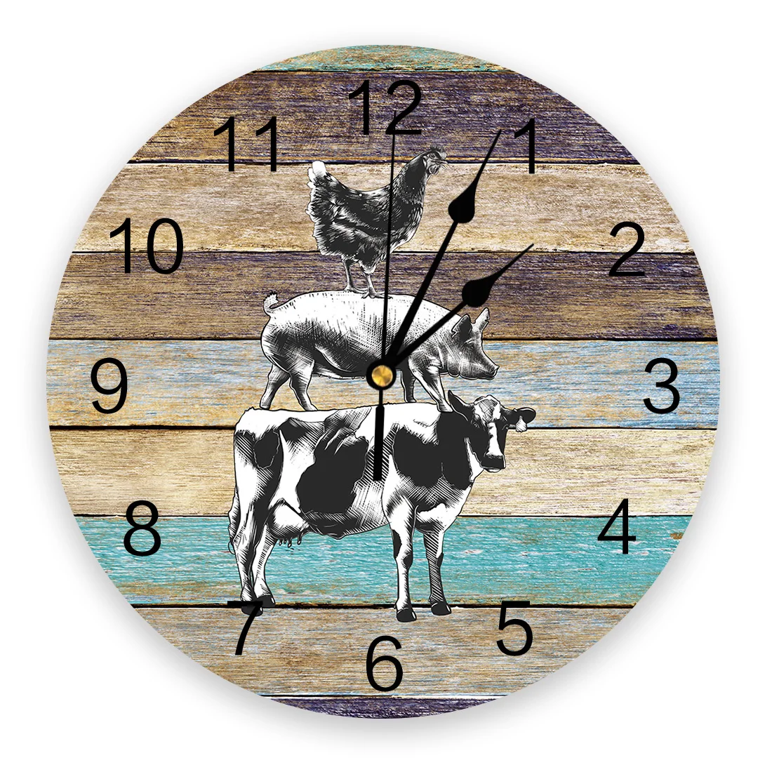 Wood Farm Animal Cow Pig Chicken Wall Clock Round Style Fashion Modern ...