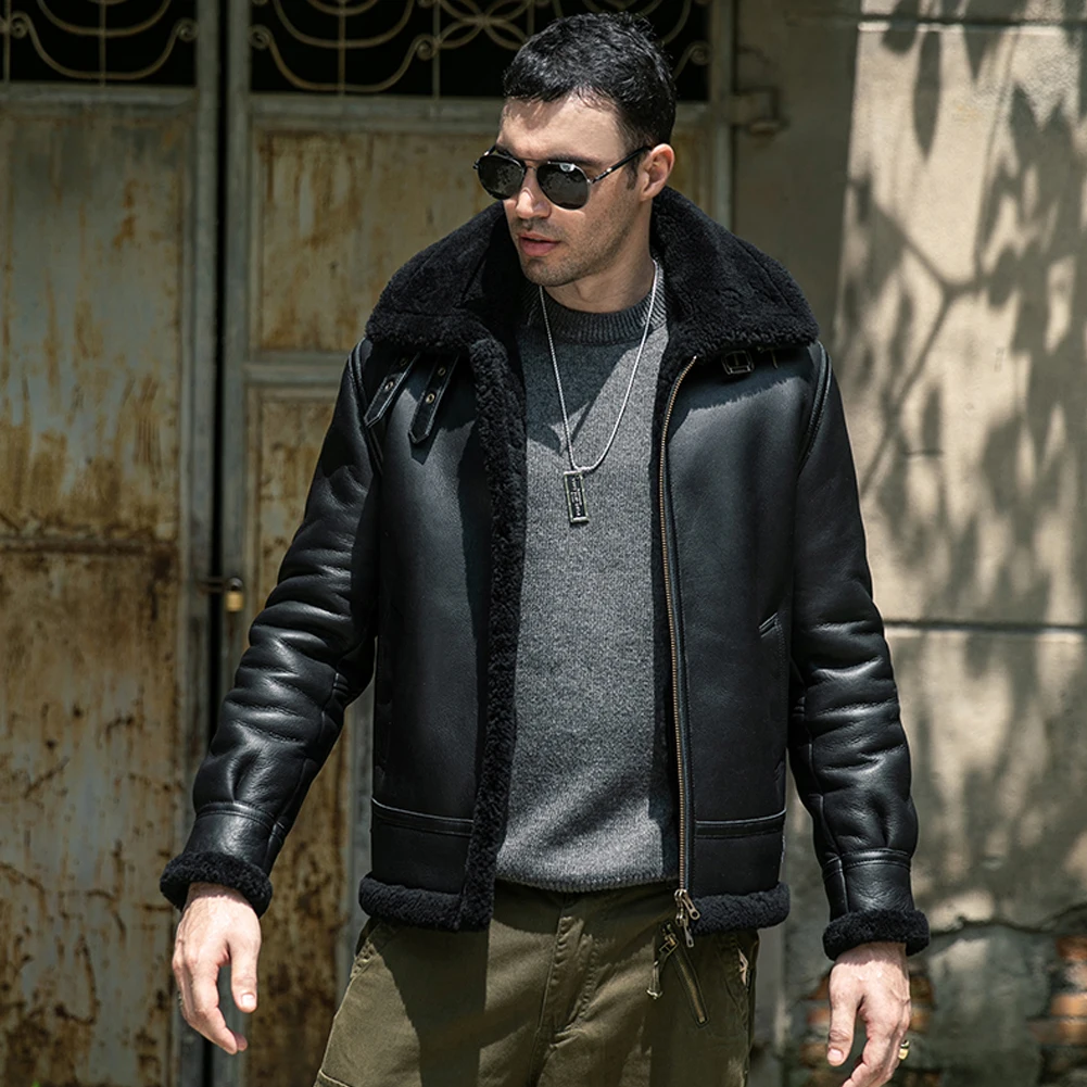 Sheepskin Shearling Jacket Mens Detachable Hooded B3 Bomber Jacket Men ...