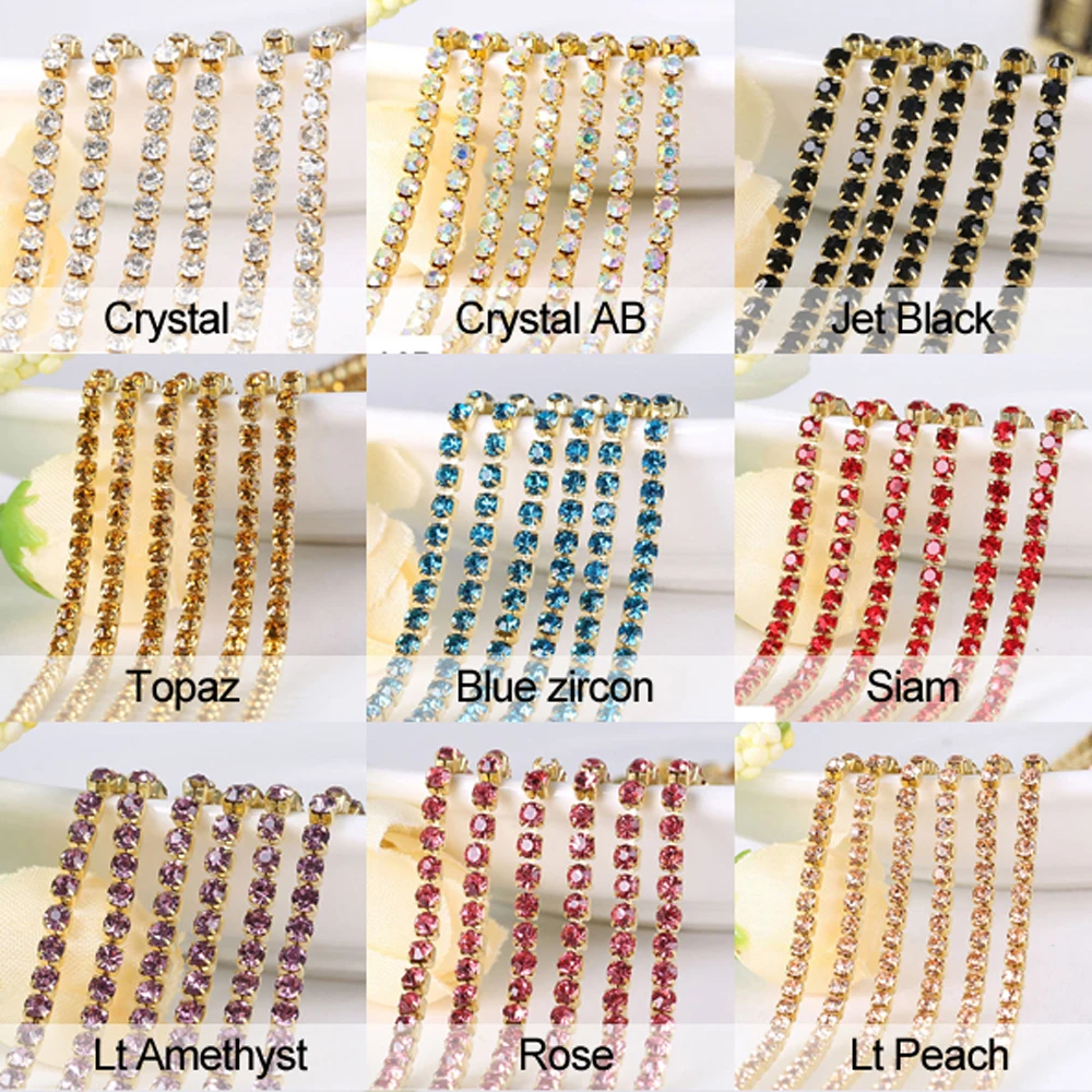 3yards-Piece-17Colors-Glass-Crystal-Rhinestones-Chain-Gold-Bottom-Sew ...