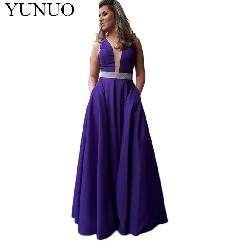 Purple Satin Evening Dresses A Line Tank Sheer V Front Beaded Party ...