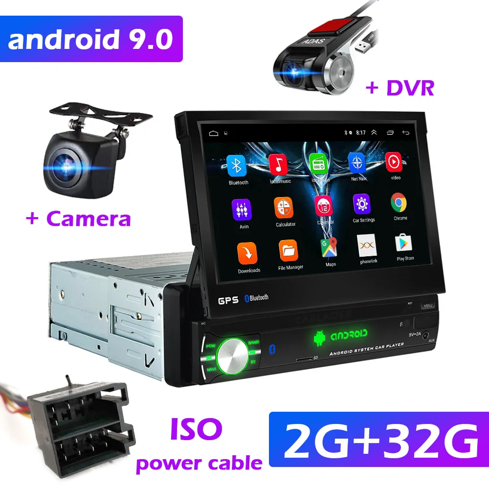 1din Car Radio GPS Navigation 7" HD Retractable Screen Android 9.0 multimedia Player universal ...