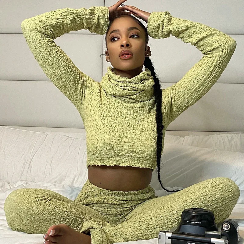 Crop Top Two Piece Set Women Outfit Autumn 2021 Green Fashion Crumpled ...