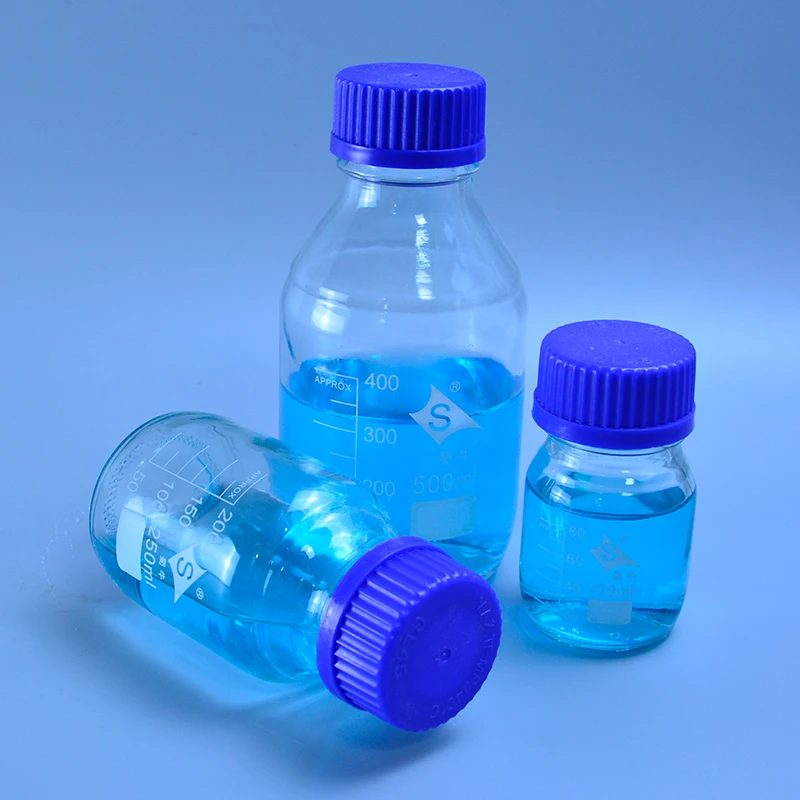 250ml-Graduated-Round-Glass-Reagent-Bottle-Blue-Screw-Cap-Screw-On ...