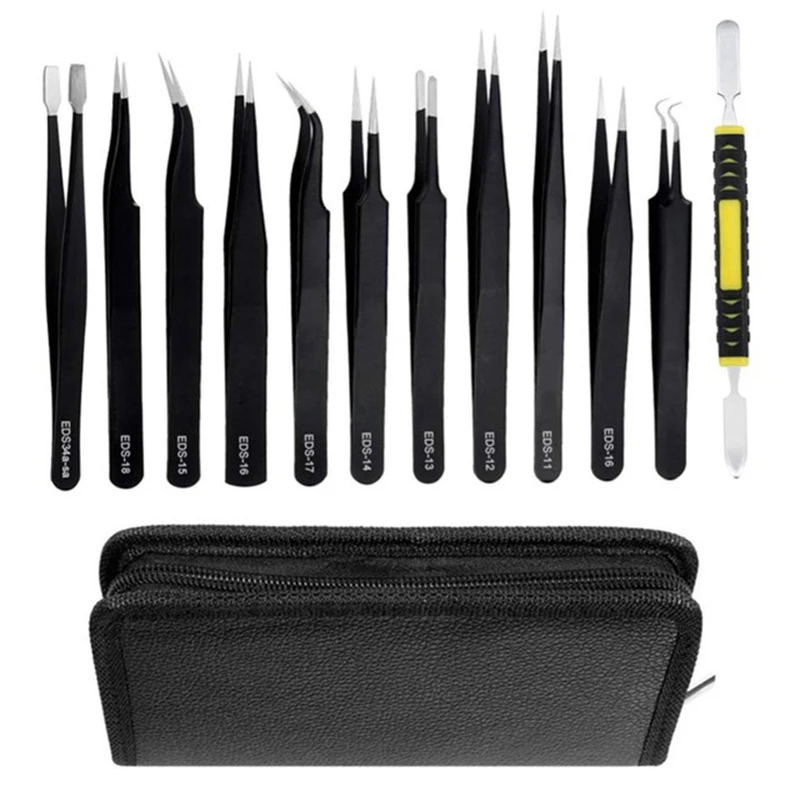 12-Stainless-Steel-Tweezers-Tool-kit-precision-Antistatic-Non-Magnetic ...