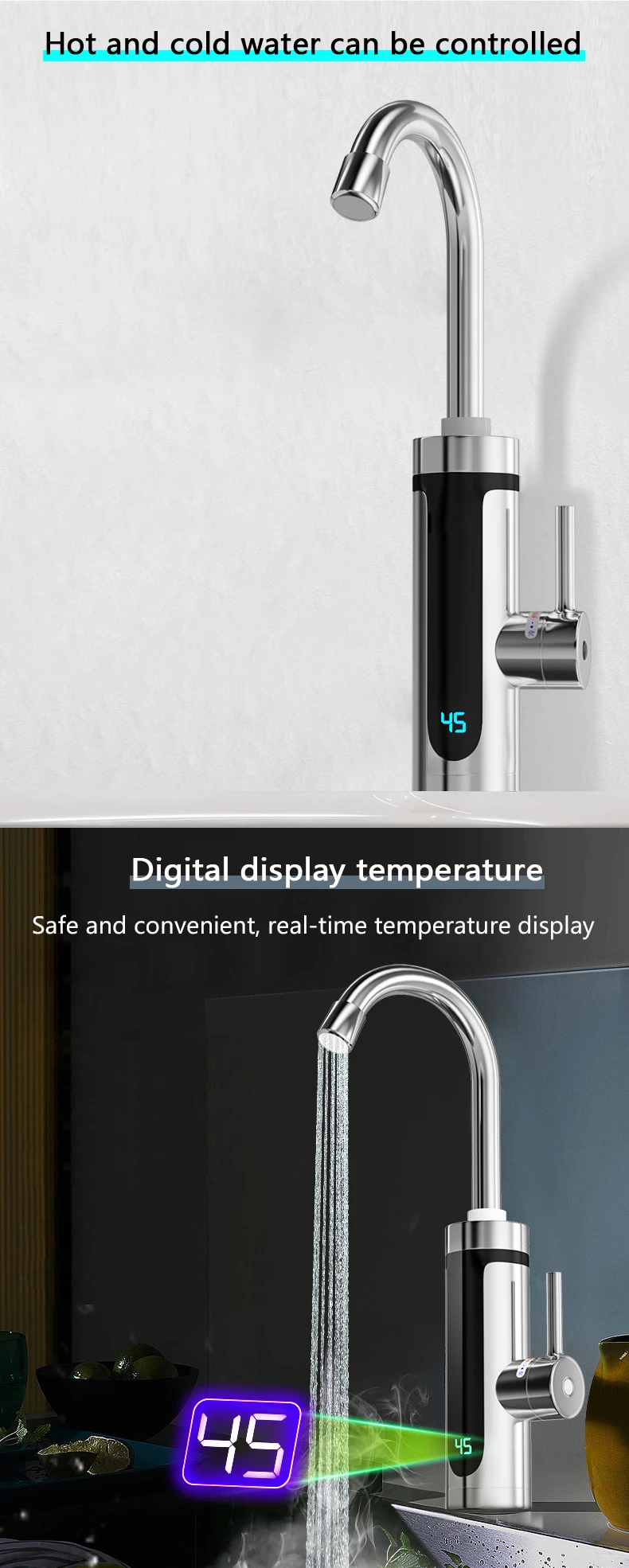 DMWD 3000W Instant Tankless Electric Water Heater Kitchen Faucet Instant Heating Tap Digital ...