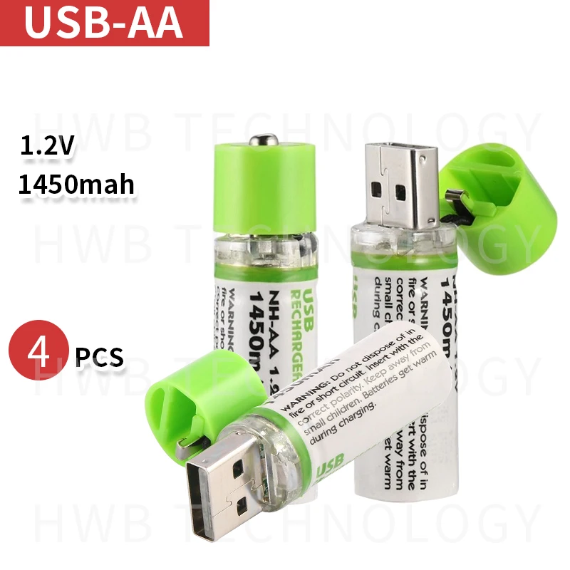 Pilas AA portátiles recargables USB, pilas AA de 1450mAh y 1,2 v ...