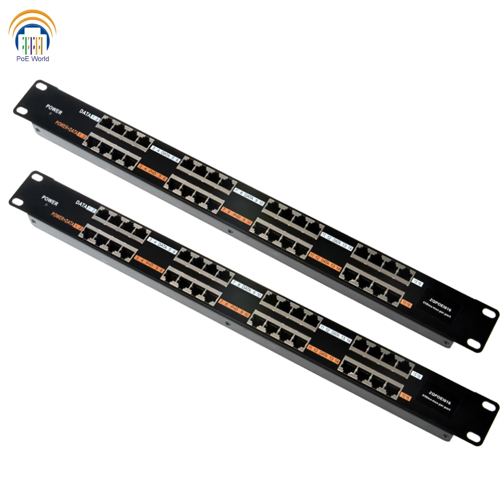 PoE World 16 Port Rack Mount Patch Panel 100 Mbps 1U" PoE Midspan ...