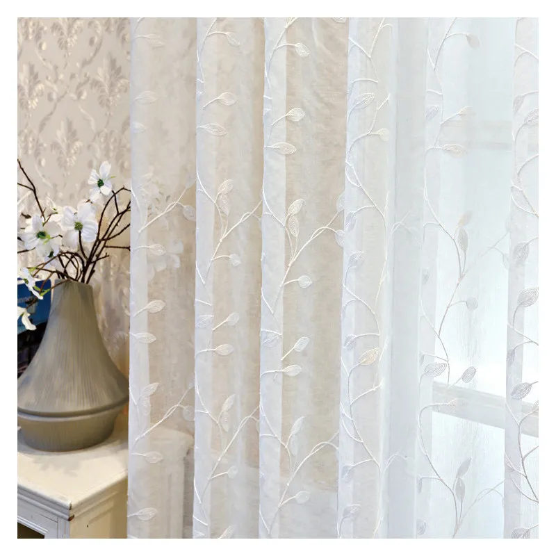 Modern-Embroidered-White-Voile-Curtains-for-Living-Room-Leaves-Tulle ...