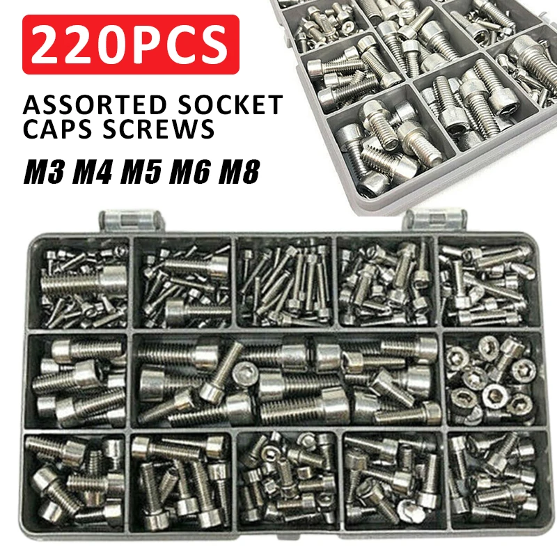 220PCS-Socket-Cap-Screws-Assorted-Stainless-Steel-Metric-Socket-Head ...