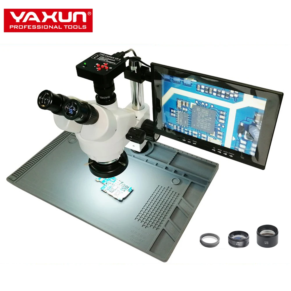 Juego de microscopio trinocular YAXUN AK33 con zoom 3,5x-90x, cámara FHD HDMI de 41MP, base ...