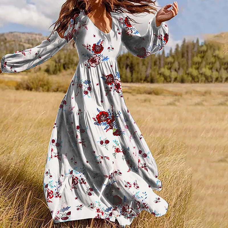 Spring Flower Print Maxi Dress Vintage V Neck Long Sleeve Party Dress ...