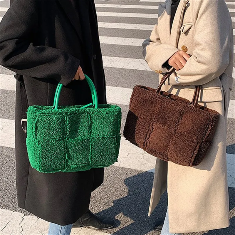 Women's Faux Fur Handbag Lambswool Woven Tote Bag Luxury Shoulder Bags ...