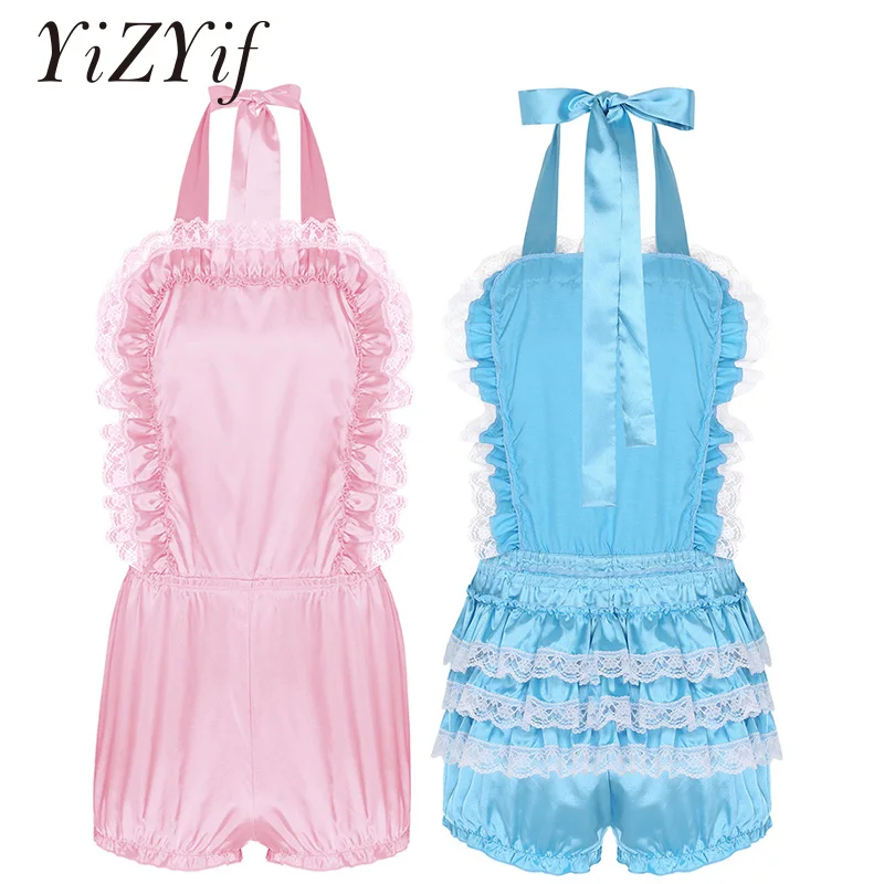 Mens Sissy lingerie Pajamas dress bodysuit Ruffled Satin bodysuit ...