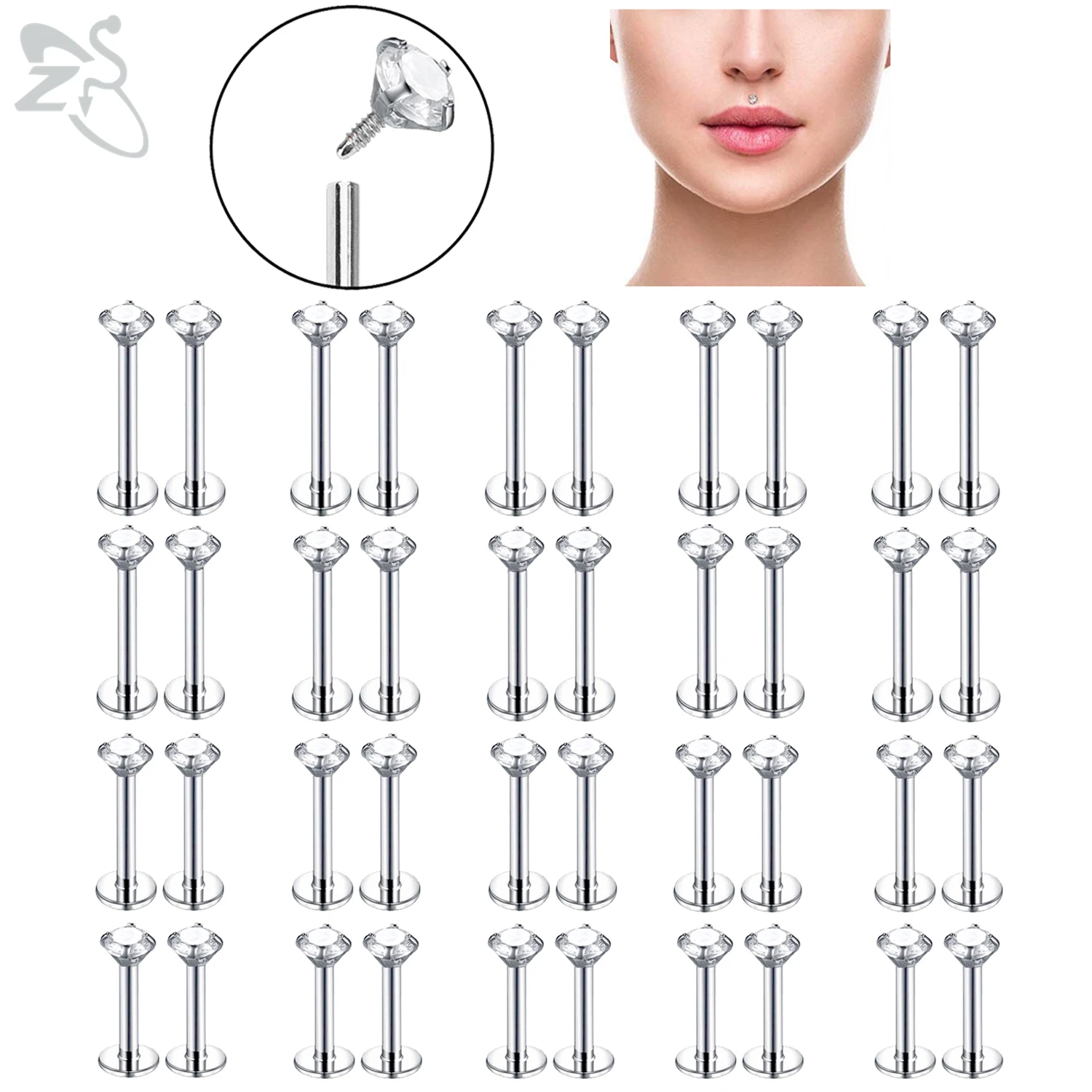 ZS 10 Pcs/Lot 16G Stainless Steel Labret Lip Piercing Set CZ Crystal ...