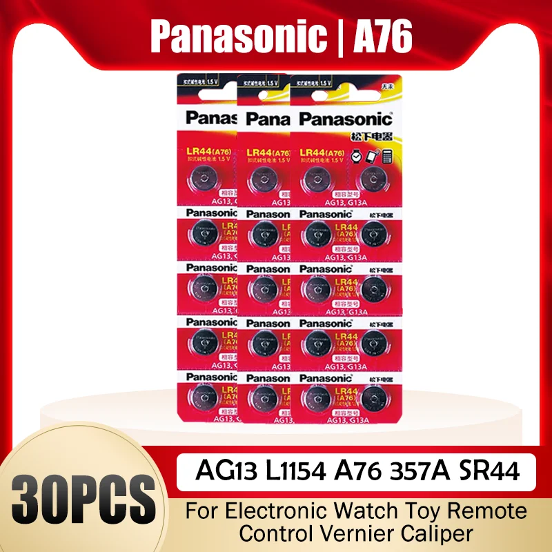 30pcs PANASONIC A76 100% Original 1.5V 0%Hg Button Cell Battery LR44 ...