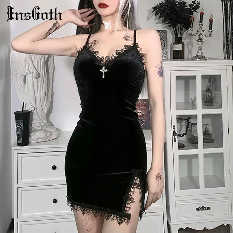 InsGoth Gothic Dark Cross Black Mini Dress Vintage Sexy Spaghetti Strap ...