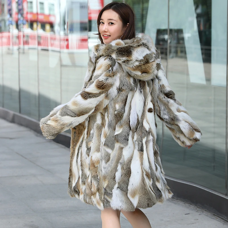 Woman Fashion Solid Real Rabbit Fur Coats Hooded Female Natural Fur Real Fur Coat Genuine Fur ...