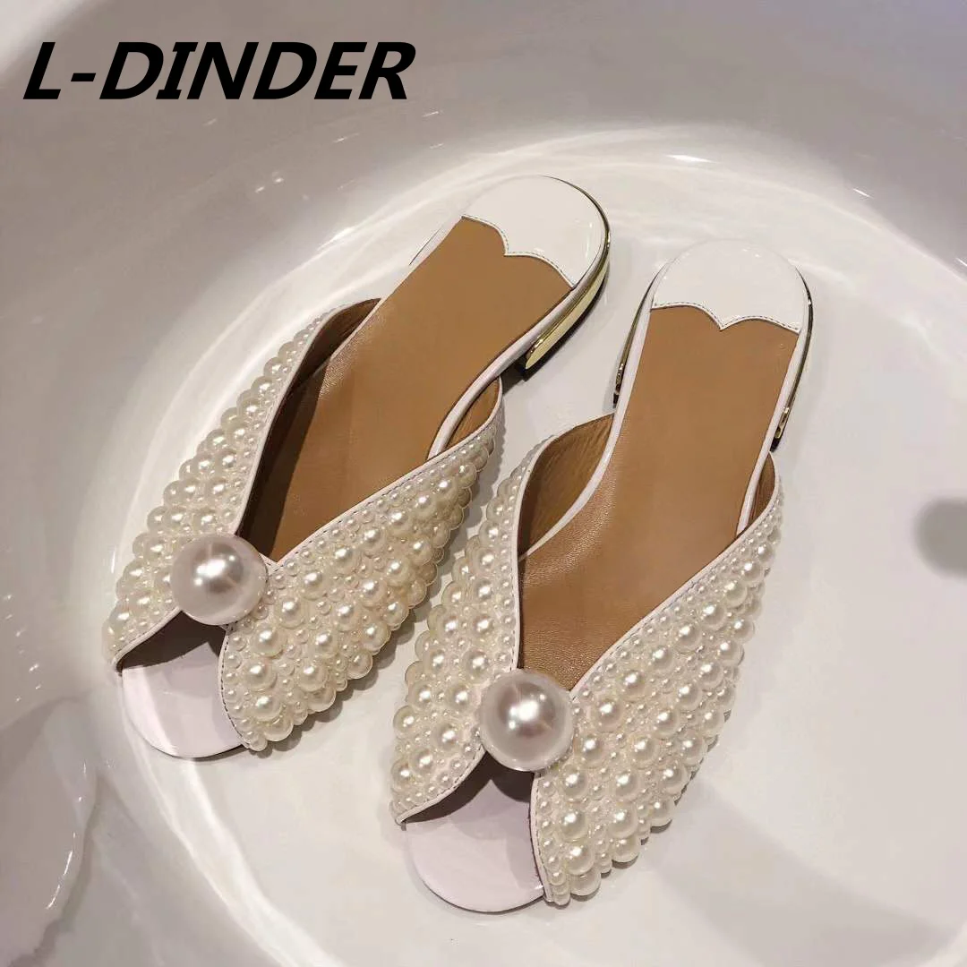 Elegant Pearl Peep Toe Flat Women Mules Shallow Outs Real Leather Party ...