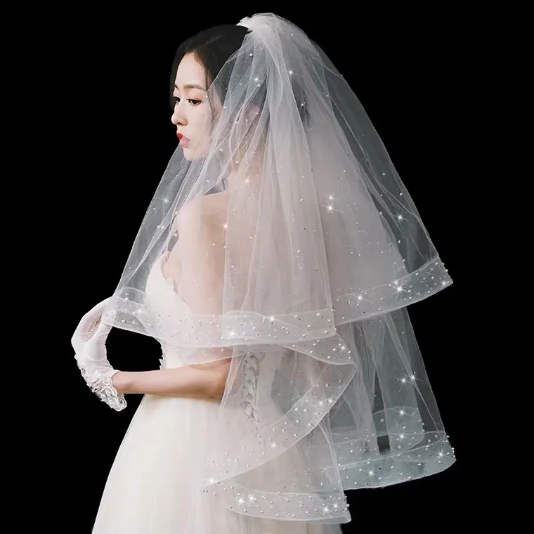Two-Tiers-Short-Wedding-Veil-Bling-Bling-Glitters-Ribbon-Horsehair ...