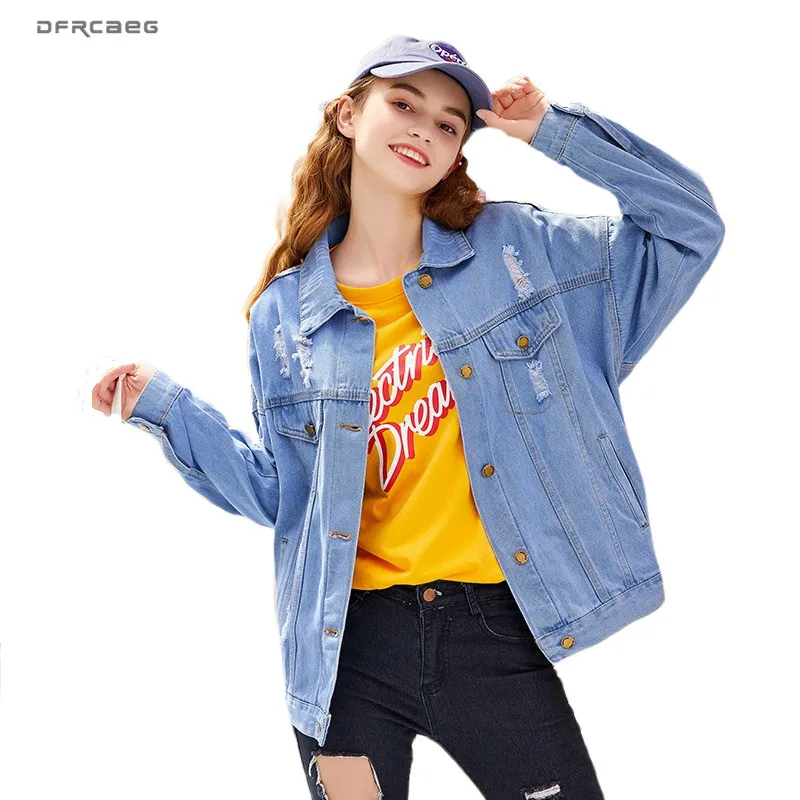 Deep Blue Oversize Woman BF Denim Jacket With Hole 2019 Autumn Long ...