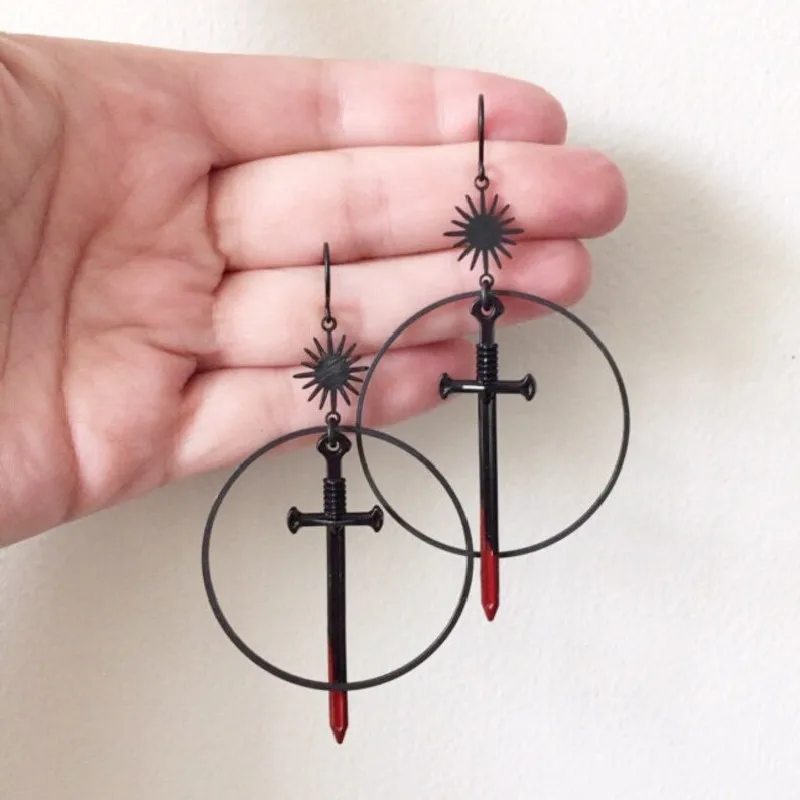 Gothic-Black-Night-Warrior-Earrings-Sun-Ring-Sword-Earrings-Classic ...