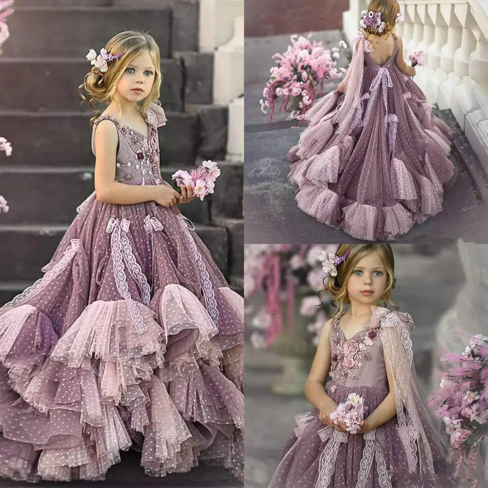 Light Purple Girls Pageant Dresses 3D Lace Appliques Ruffles Princess V ...