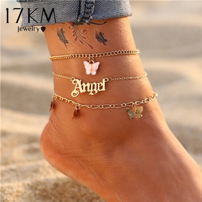 17km Fashion Pink Butterfly Anklets Set For Women Cute Gold Letter ...