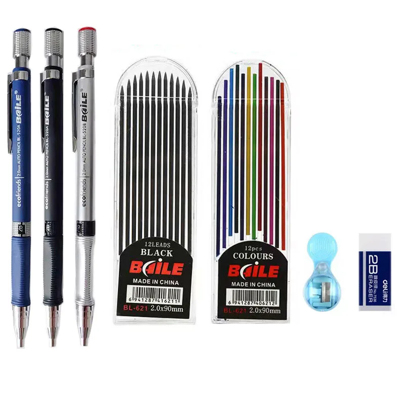 2.0mm Mechanical Pencil Set 2B Automatic Pencils With Color/Black Lead ...