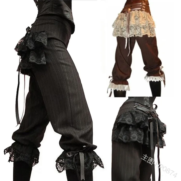 Medieval Cosplay Costume Retro High Waist Pants Lace Stitching Tie Legs ...