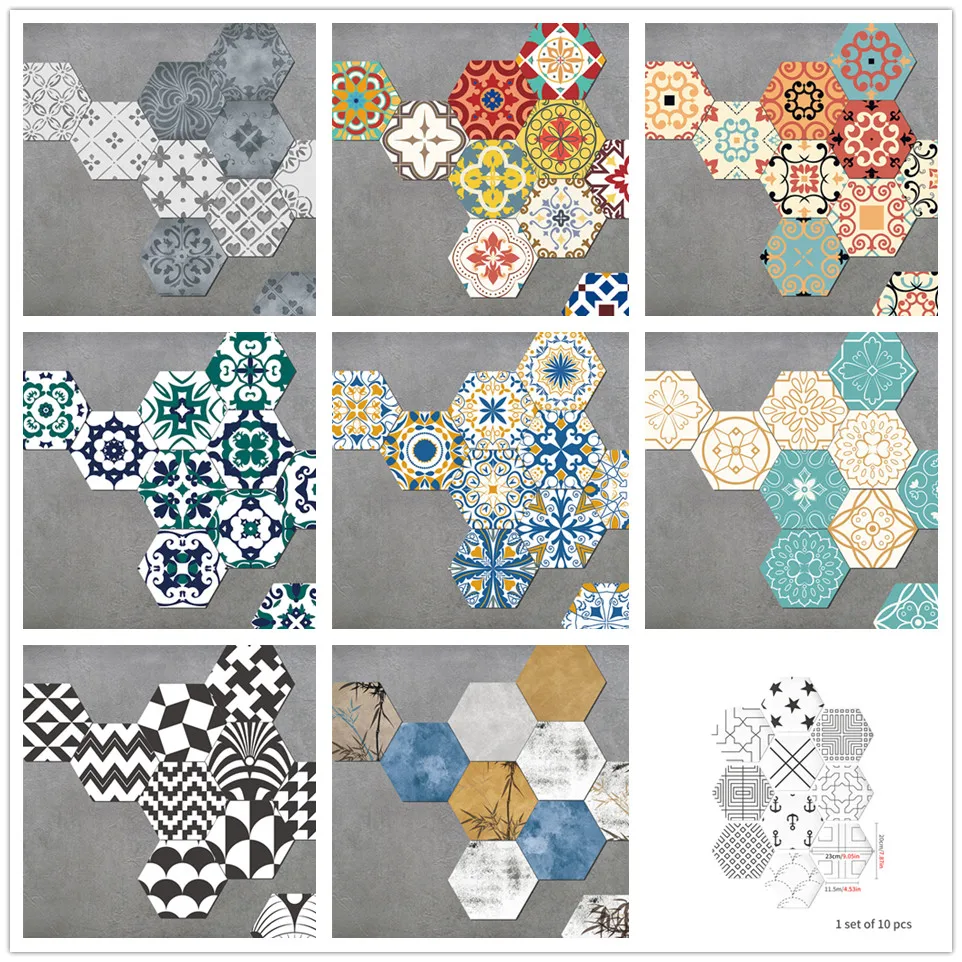10PCS/Set Color Tile Paste Paper PVC Self-adhesive Hexagon Wall Floor ...