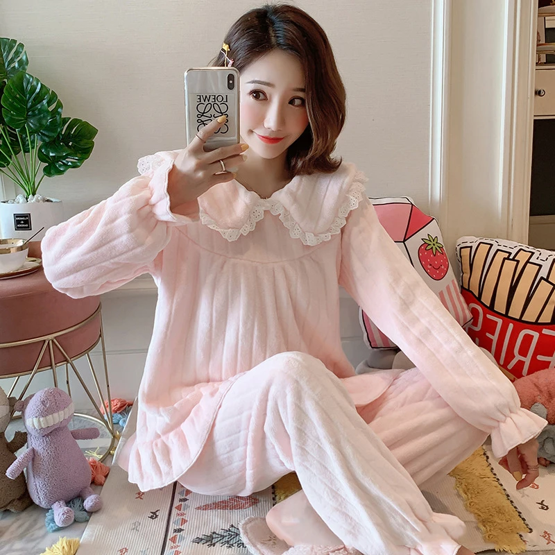 Winter Pajama Women Korean Sleepwear Cute Cartoon Flannel Pajamas Set ...