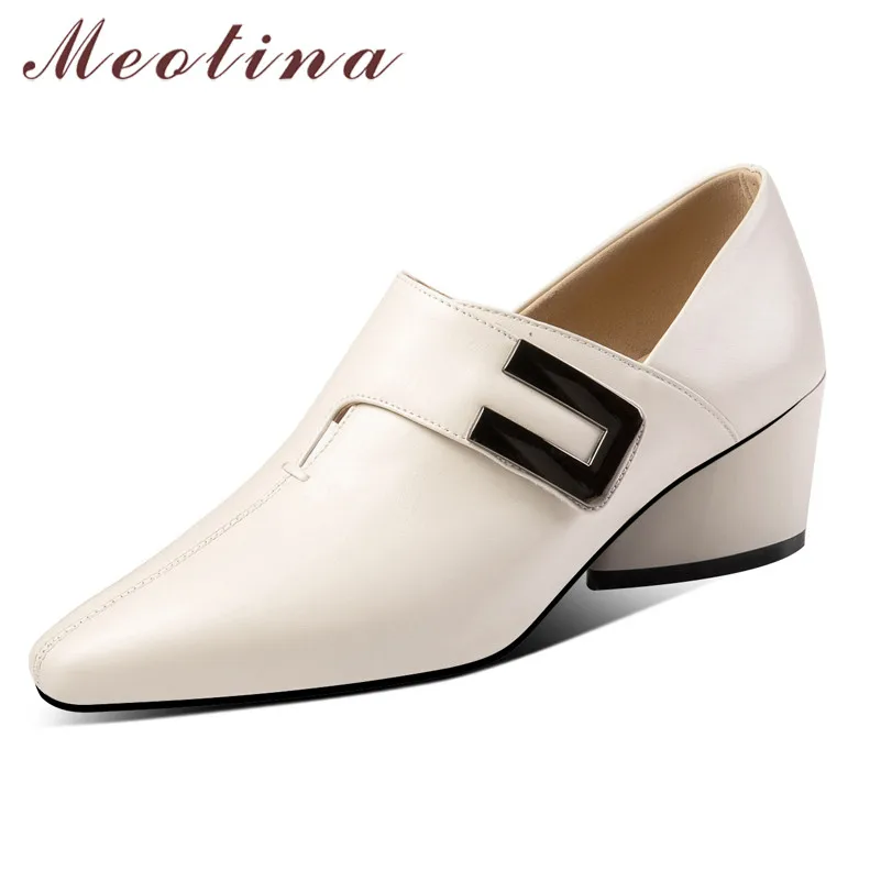 Meotina zapatos de tacón alto de piel auténtica Natural para mujer, calzado de tacón con punta ...