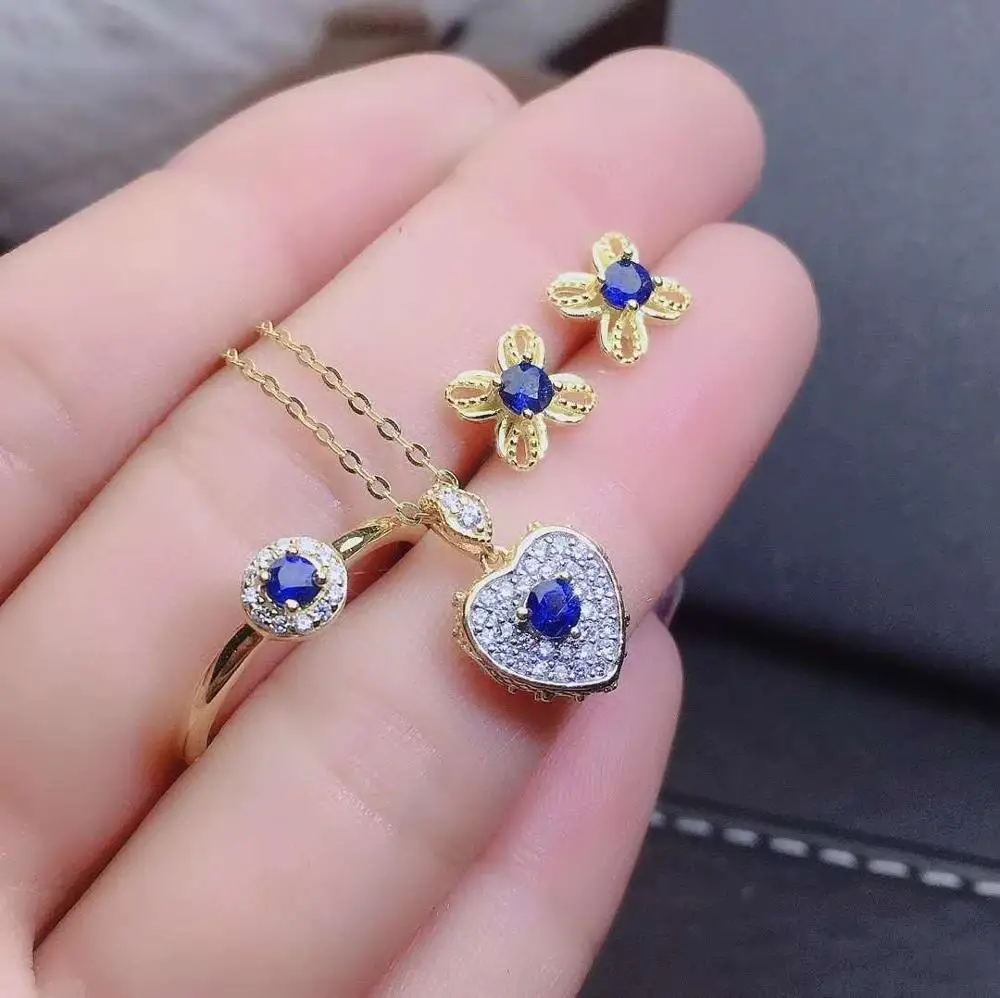 Juego de joyas de zafiro Natural auténtico, colgante de Plata de Ley ...