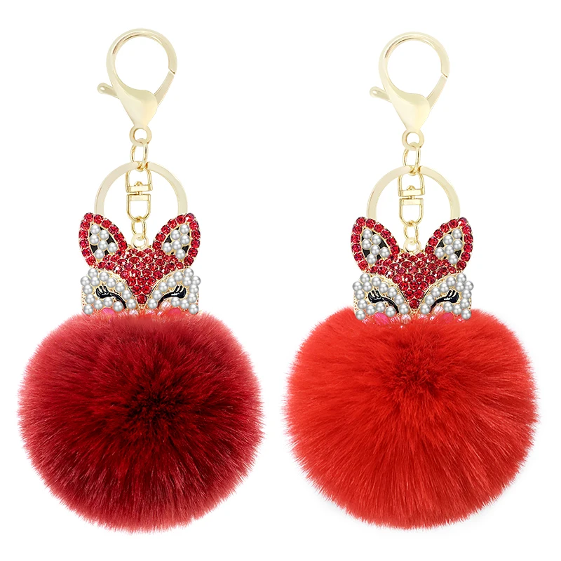 Cute mini fox fur ball keychain handmade fluffy fur pompom ball inlaid ...