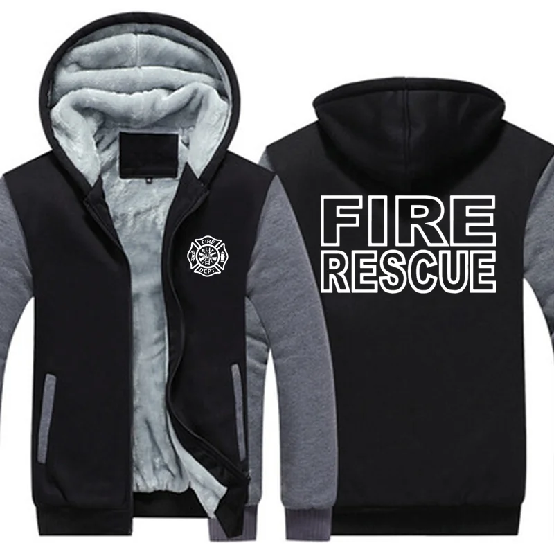 Fire Rescue Firefighter Zip Up Hoodies Jacket Men's Thick Fleece Warm ...