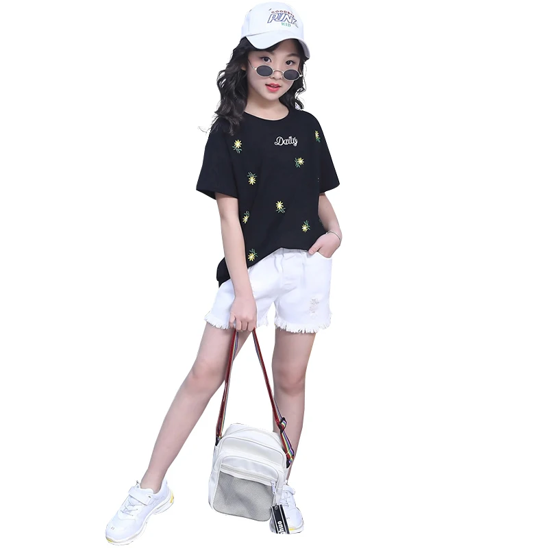2018 Teens Girls Summer Clothing Set Flower T-shirts & Jeans Short 2pcs ...