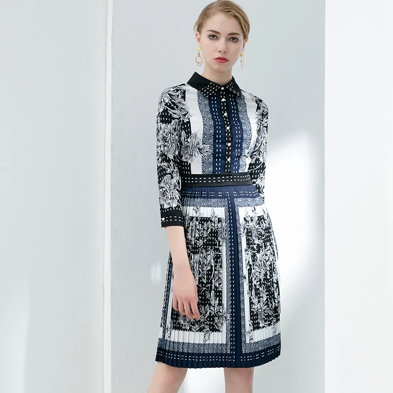 2019 Autumn Print Pleated Dress High Quality Hot Three Quarter Sleeve ...