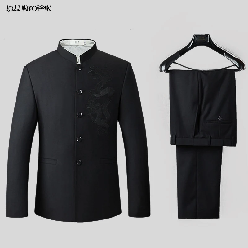 Dragon Embroidery Chinese Style Mandarin Stand Collar Men Suits Black ...
