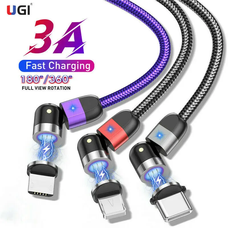 UGI Cable magnético de carga rápida para teléfono móvil, Cable giratorio 3A para IOS tipo C, USB ...