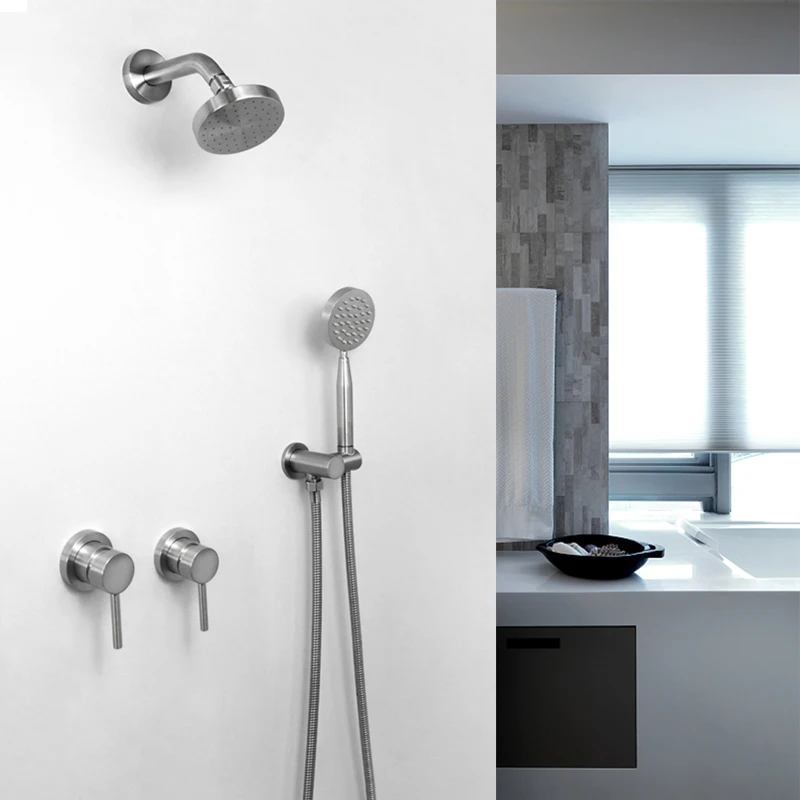 Brushed Stainless Steel Bathroom Shower Set Rianfall Head Handheld Bath ...