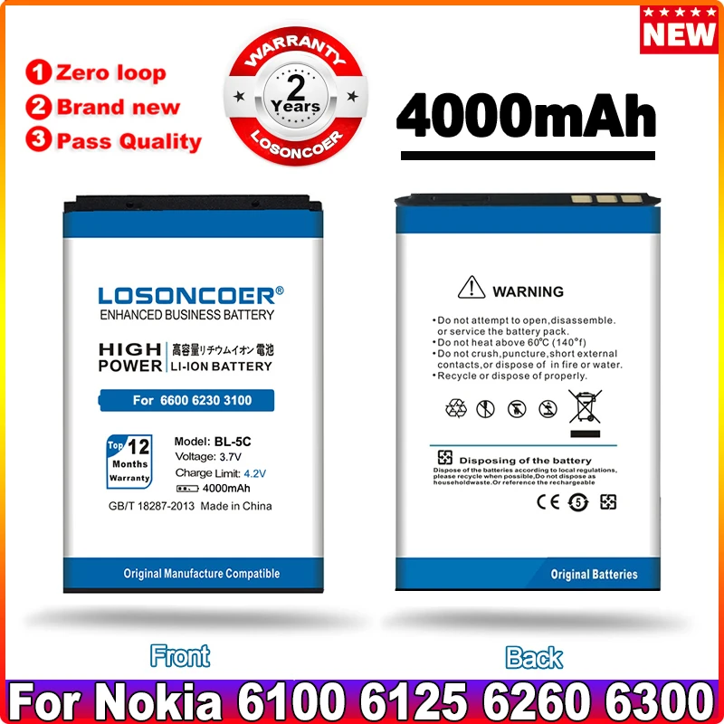 Losoncoer 4000mah Bl-5c Bl-5ca Bl-5cb Battery For Nokia 2610 1100 1110 ...