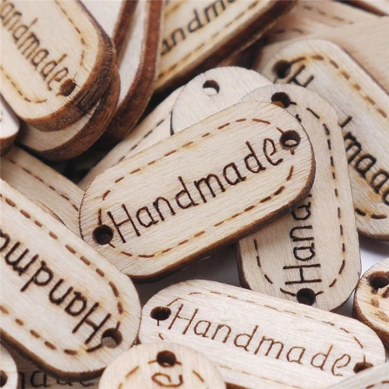 100Pcs Natural Wood Handmade Tag Label Crafts Decoration 2 hole Letter ...