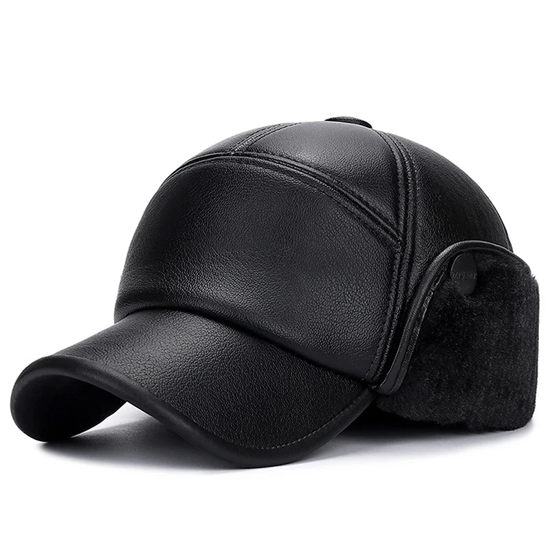 Winter Baseball Cap For Men PU Leather Cap For Men Earmuffs Warm ...