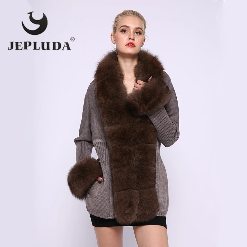 Jepluda 캐주얼 스웨터 겨울 코트 여성 소프트 웜 울 혼합 천연 여우 모피 칼라 리얼 모피 코트 여성 겨울 리얼 모피 자켓