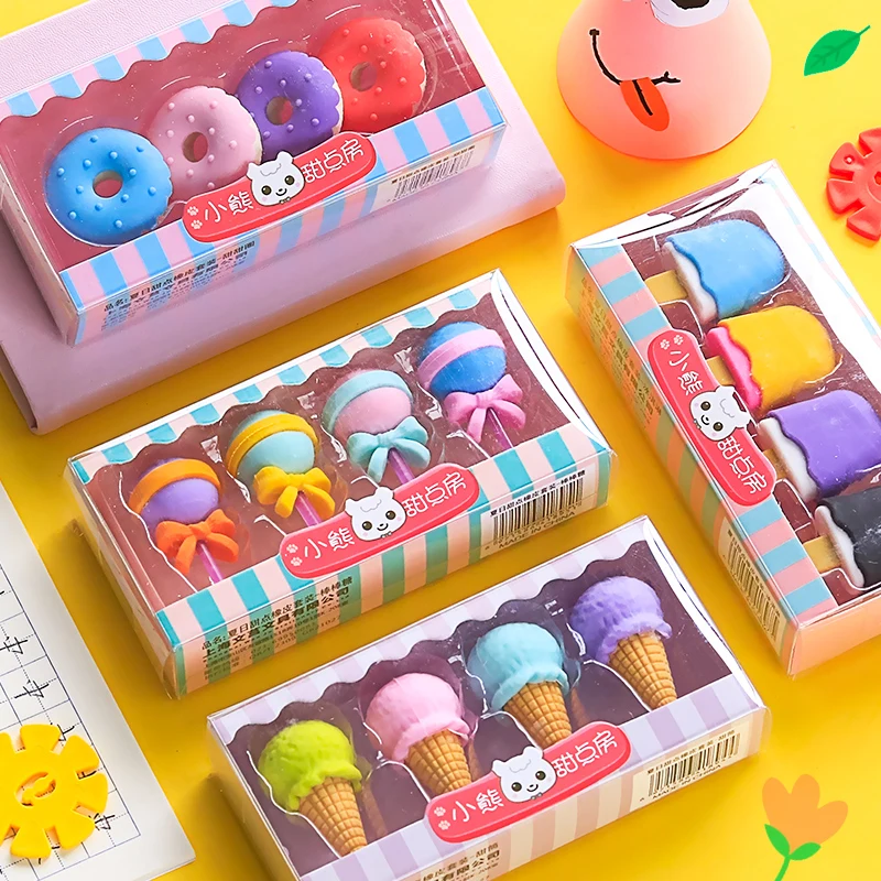 4pcs Yummy Dessert Erasers Set Mini Lollipop Icecream Popsicle Donuts ...